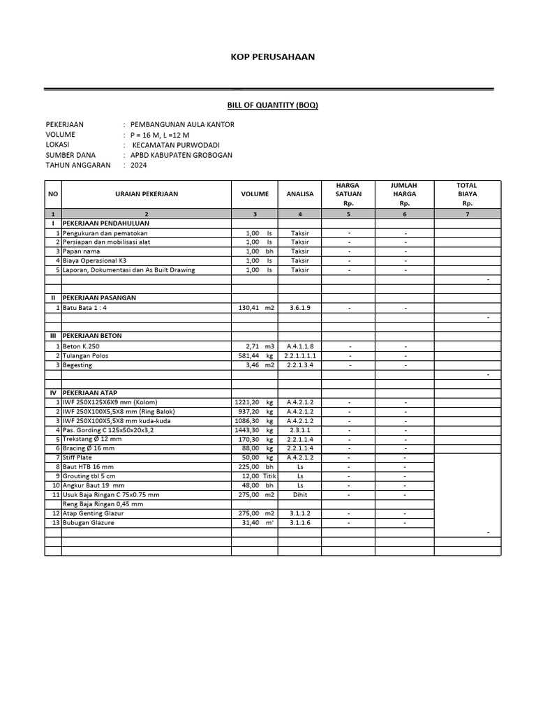 Boq Pembangunan Aula Kantor | PDF