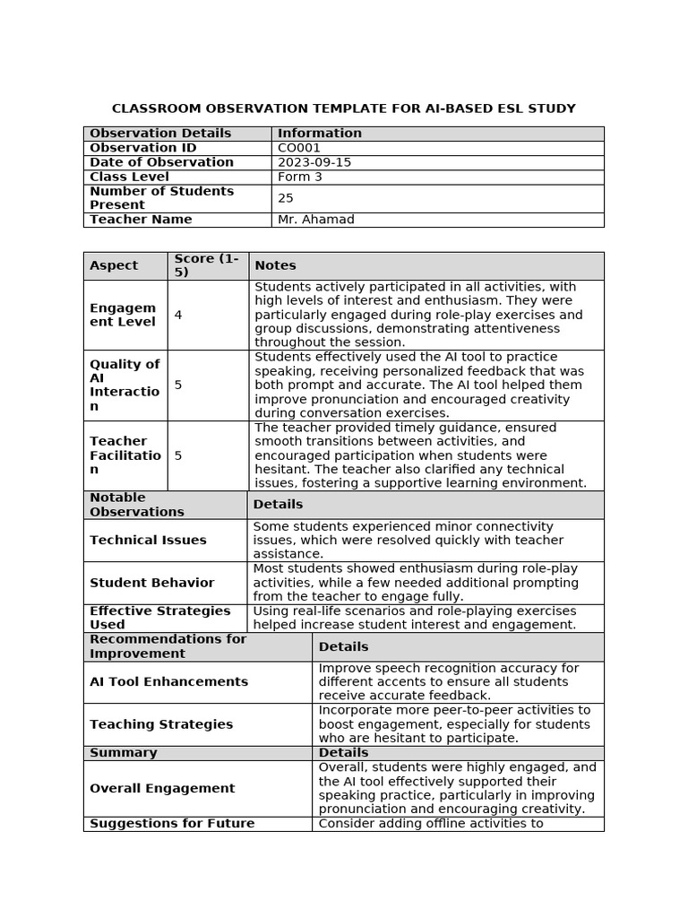 CLASSROOM OBSERVATION | PDF | Teachers | Learning