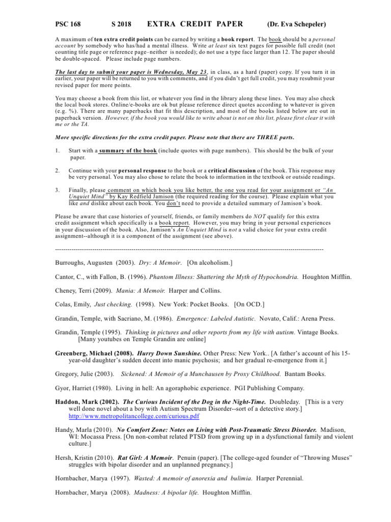 Extra Credit Book Report Guidelines | PDF | Books | Abnormal Psychology