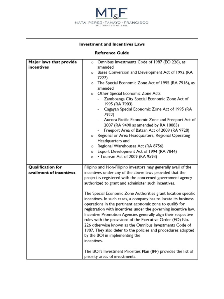 MTF Investment and Incentives Laws | PDF | Taxes | Tax Exemption