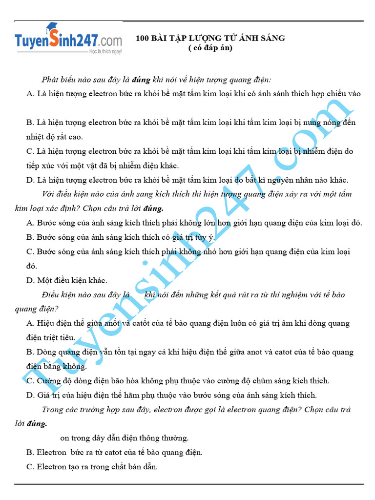 100 Bai Tap Luong Tu Anh Sang Co Dap An | PDF