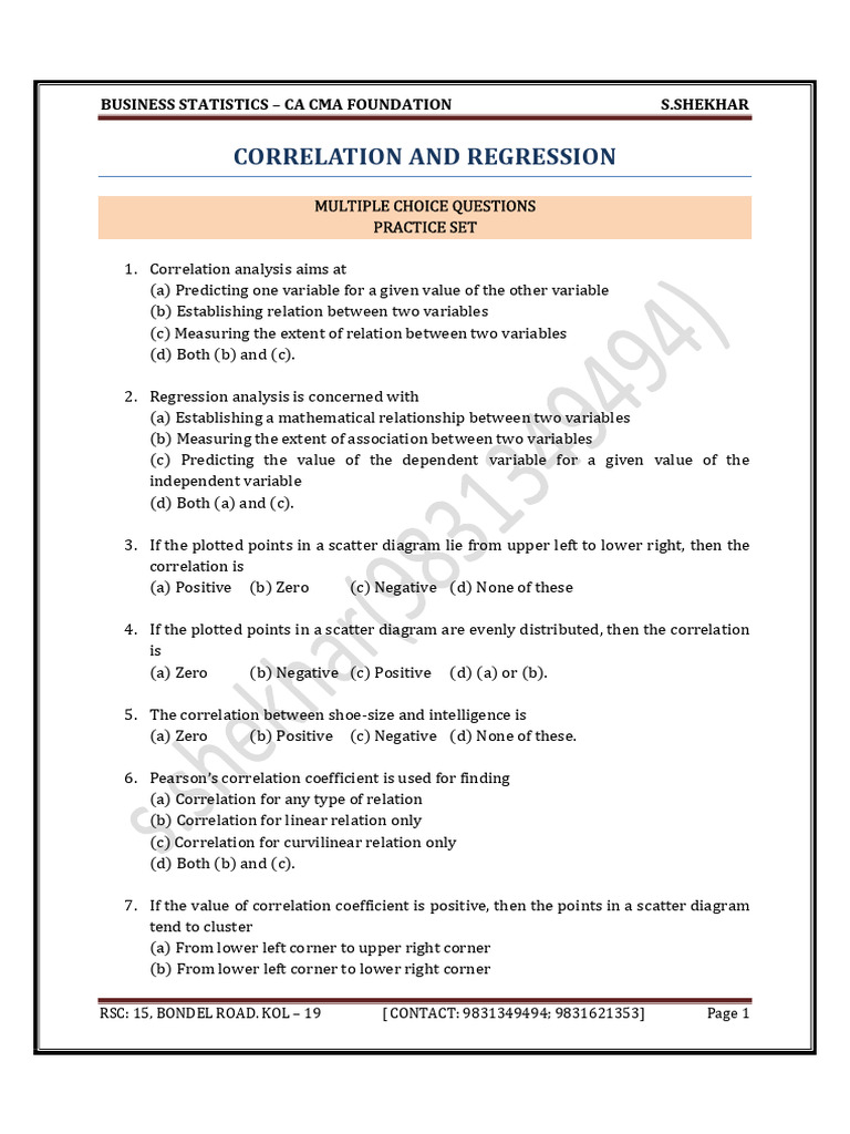 Corr. & Regr. MCQ MCQ Practice Set | PDF | Statistical Analysis | Teaching Mathematics