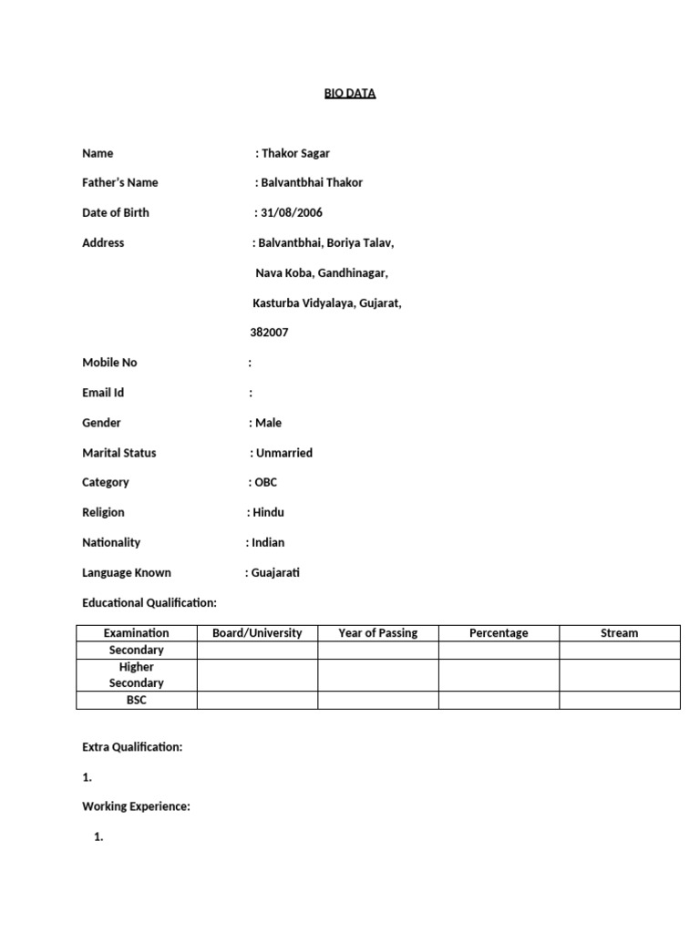 BIO DATA Sagar Bhai | PDF
