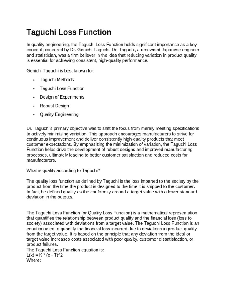Taguchi Loss Function | PDF | Loss Function | Engineering Tolerance