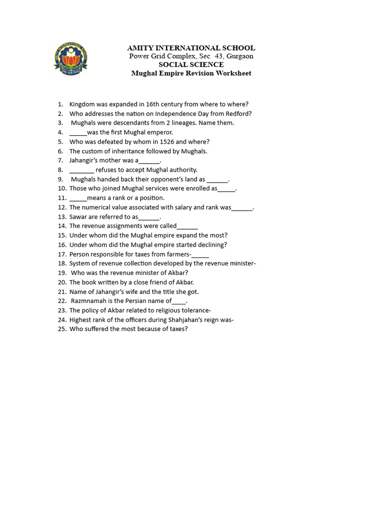 Mughal Empire Revision WOrksheet | PDF | History