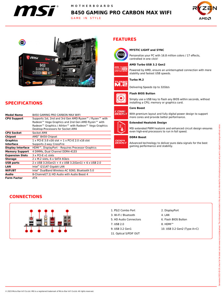 B450 Gaming Pro Carbon Max Wifi | PDF | Usb | Hdmi