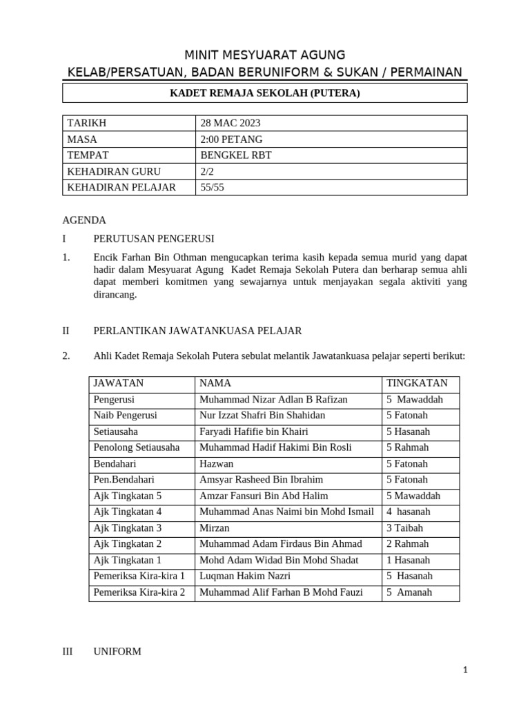 Minit Mesyuarat Agung KRS 2023 | PDF