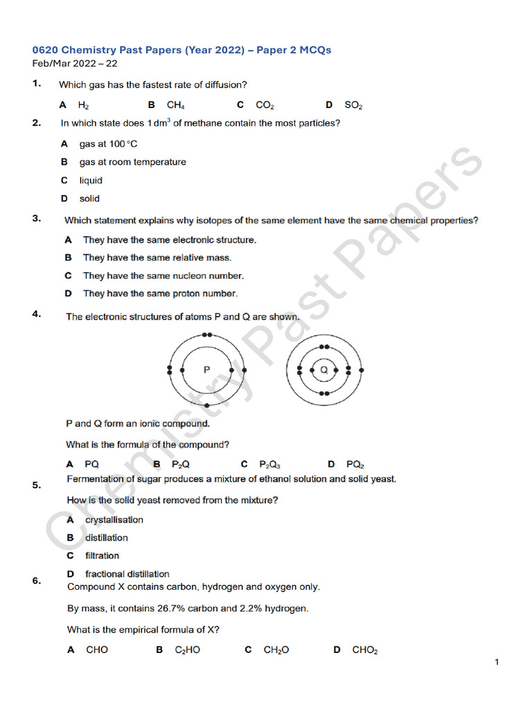0620 Chemistry Past Papers (2022 - Paper 2) | PDF
