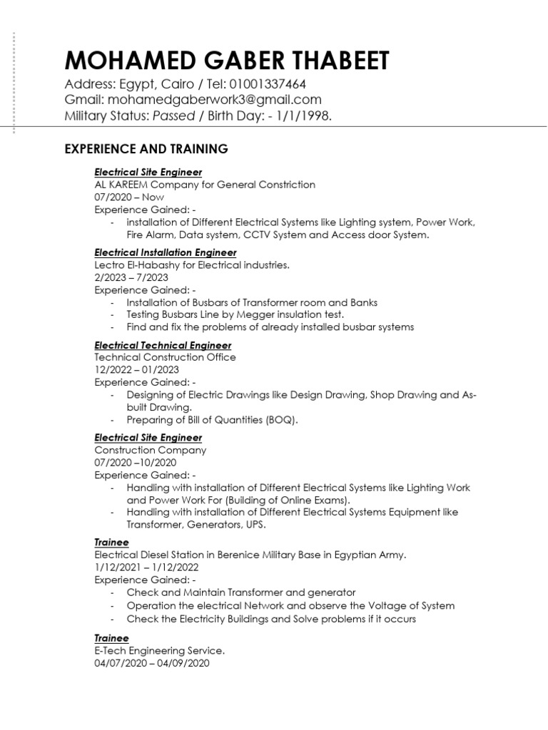 Electrical Engineer CV and Experience | PDF | Electric Power ...