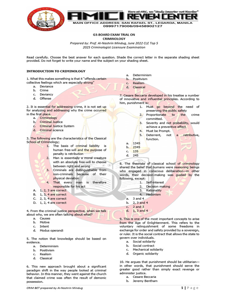 G3-2025 CRIM BET-PROF. MINDUG (NO ANSWER)-1 | PDF | Criminology | Crimes