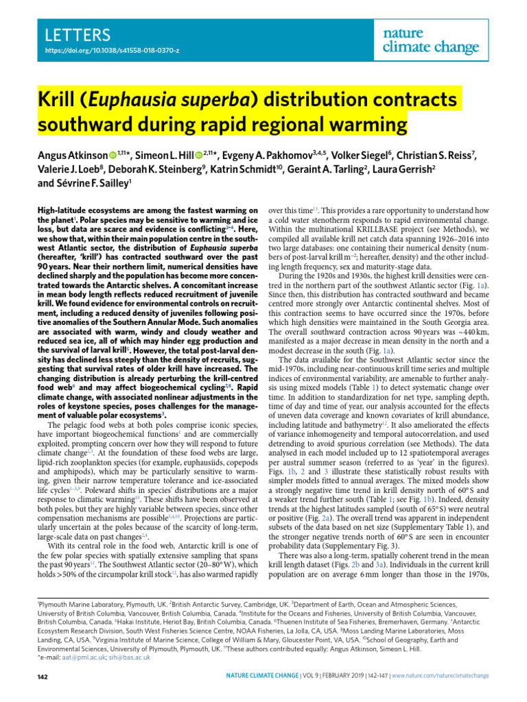 Krill (Euphausia Superba) Distribution Contracts Southward During Rapid Regional Warming | PDF ...
