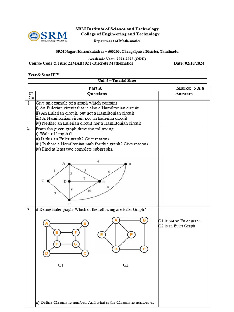 21MAB302T DM Unit 5 Tutorial Sheet | PDF | Graph Theory | Computational Problems