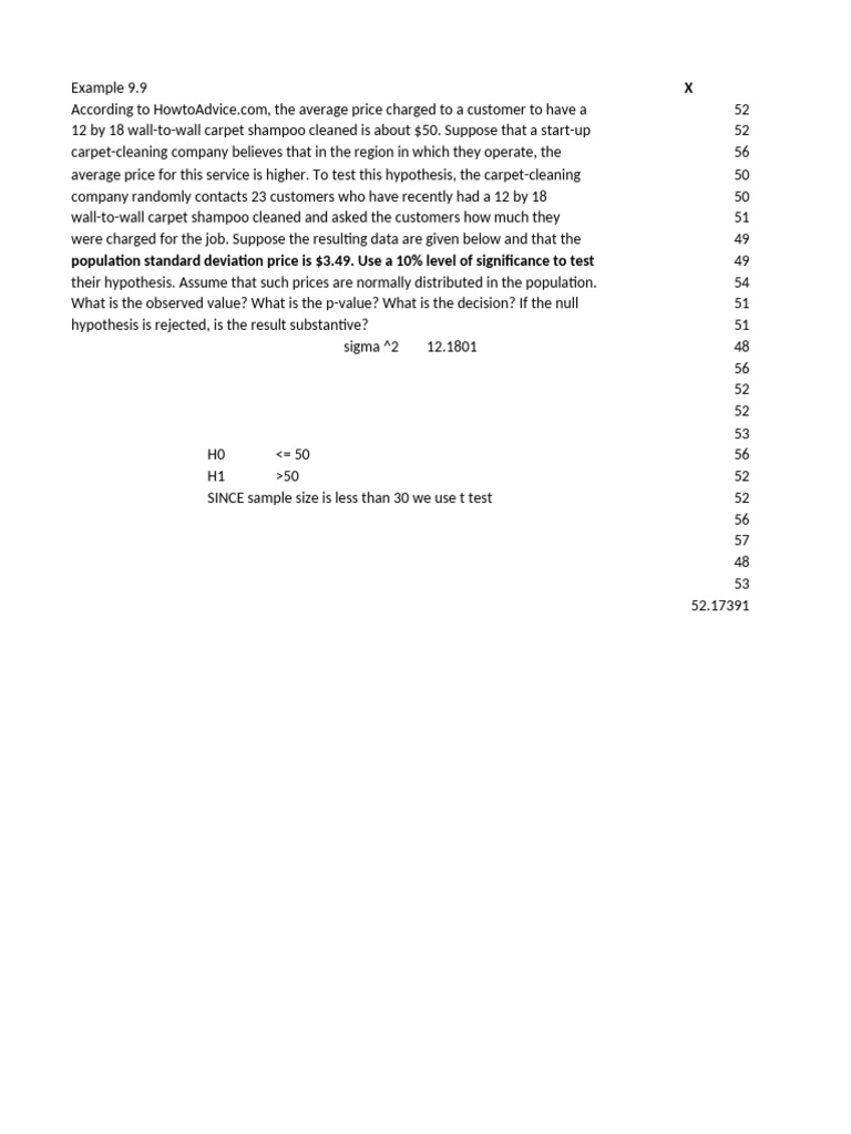 Carpet Cleaning Price Hypothesis Test | PDF | Student's T Test | P Value