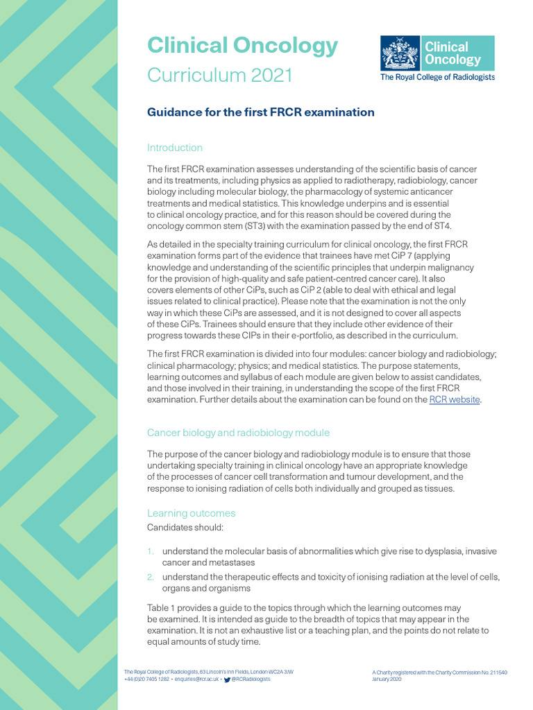 RCR Exams Clinical Oncology Guidance For The First FRCR Examination ...