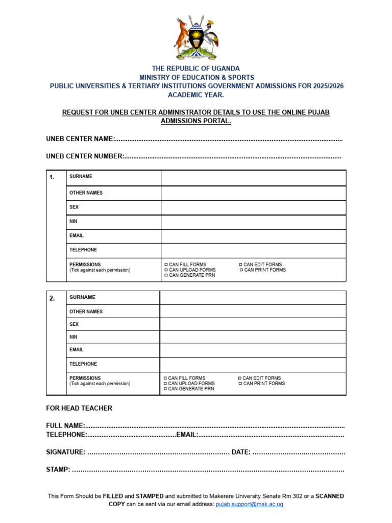 UNEB Center Administrator Details Form | PDF