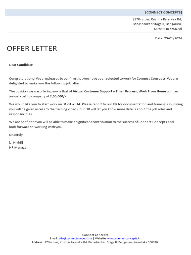 Connect Concepts - Offer Letter | PDF | Salary | Business