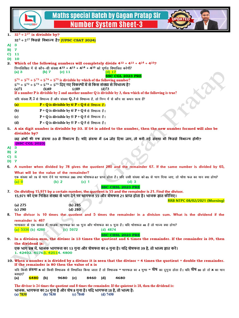 Number System Sheet-3 - 423278 - Crwill | PDF | Division (Mathematics ...