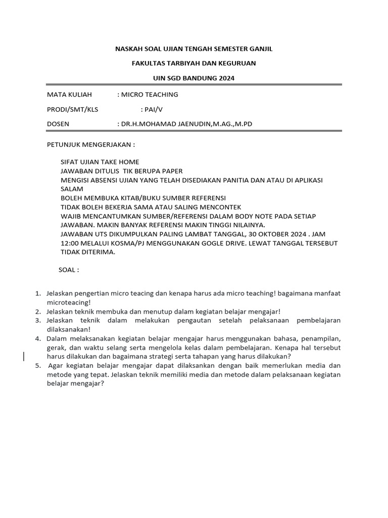 Naskah Soal Uts Microteaching | PDF