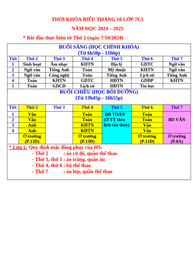 TKB L P 7c5 Tháng 10 | PDF