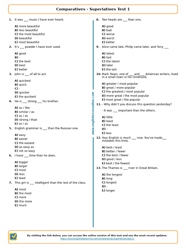 Comparatives & Superlatives Quiz | PDF | Language Arts & Discipline
