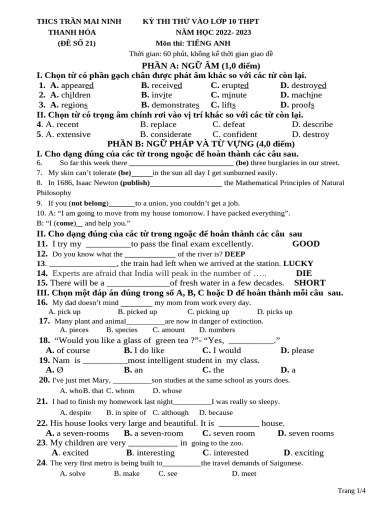 BTVN SỐ 21 - lớp 9 | PDF