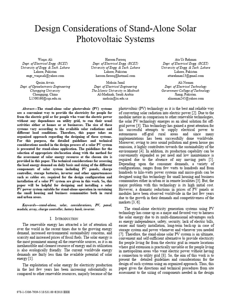 Design Considerations of Stand-Alone Solar Photovoltaic S | PDF ...