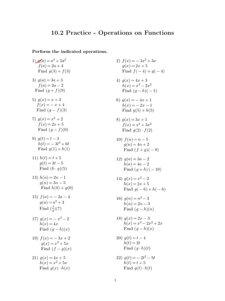Operations on Functions Practice Worksheet | PDF | Creative Commons ...