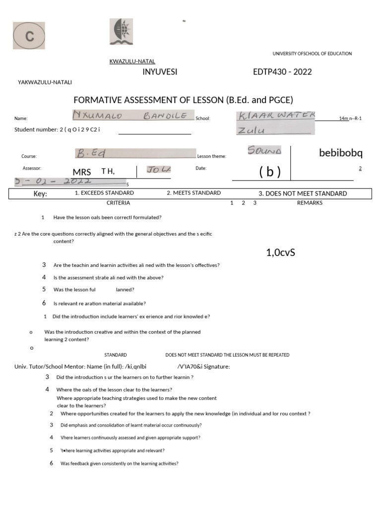 Formative Assessment of Lesson (B.Ed. and Pgce) : Bebibobq | PDF ...