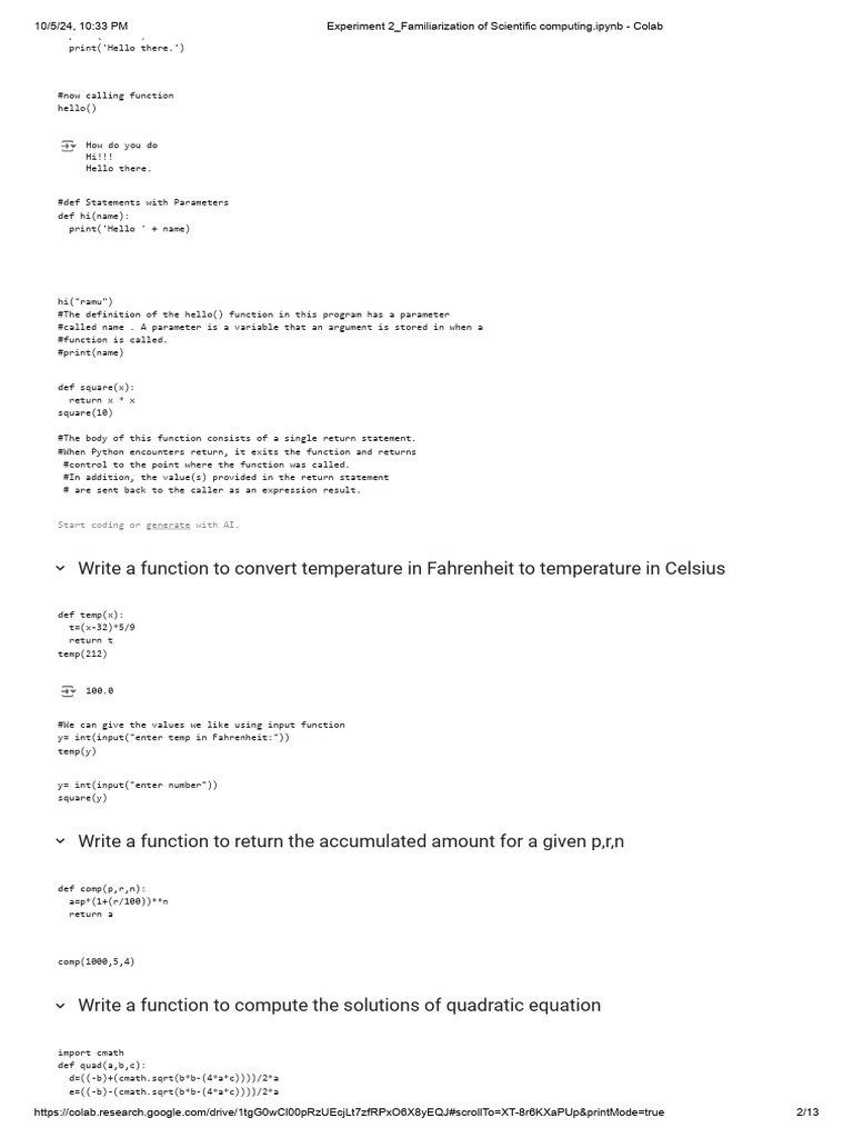 Experiment 2 - Familiarization of Scientific Computing - Ipynb - Colab - 2 - 1 - 1 | PDF ...