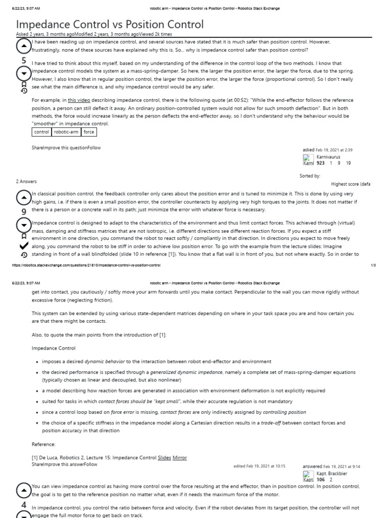 Robotic Arm - Impedance Control Vs Position Control - Robotics Stack ...