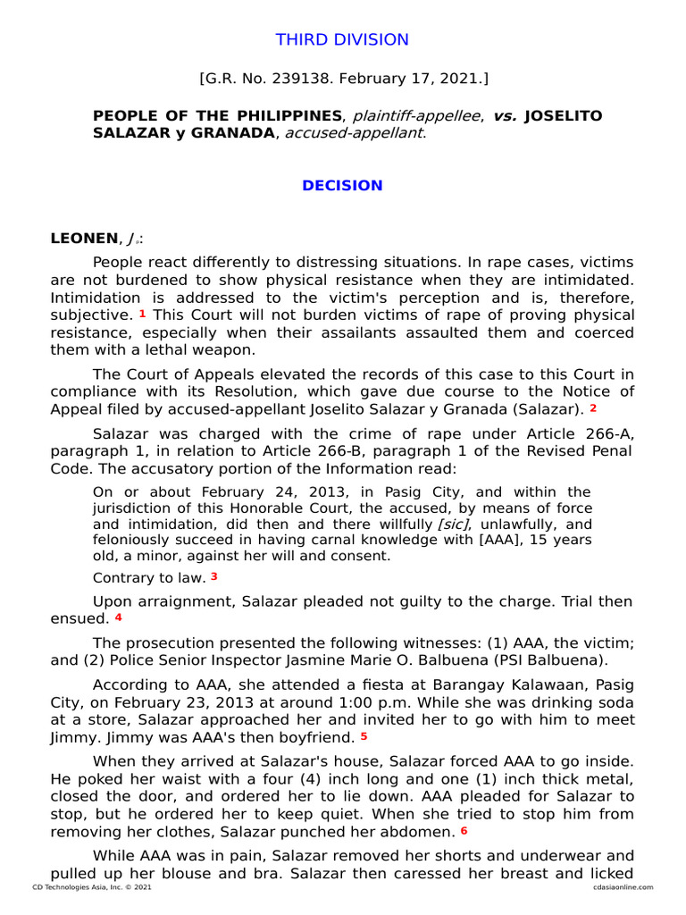Rape Case Verdict: Salazar Guilty | PDF | Rape | Intimidation