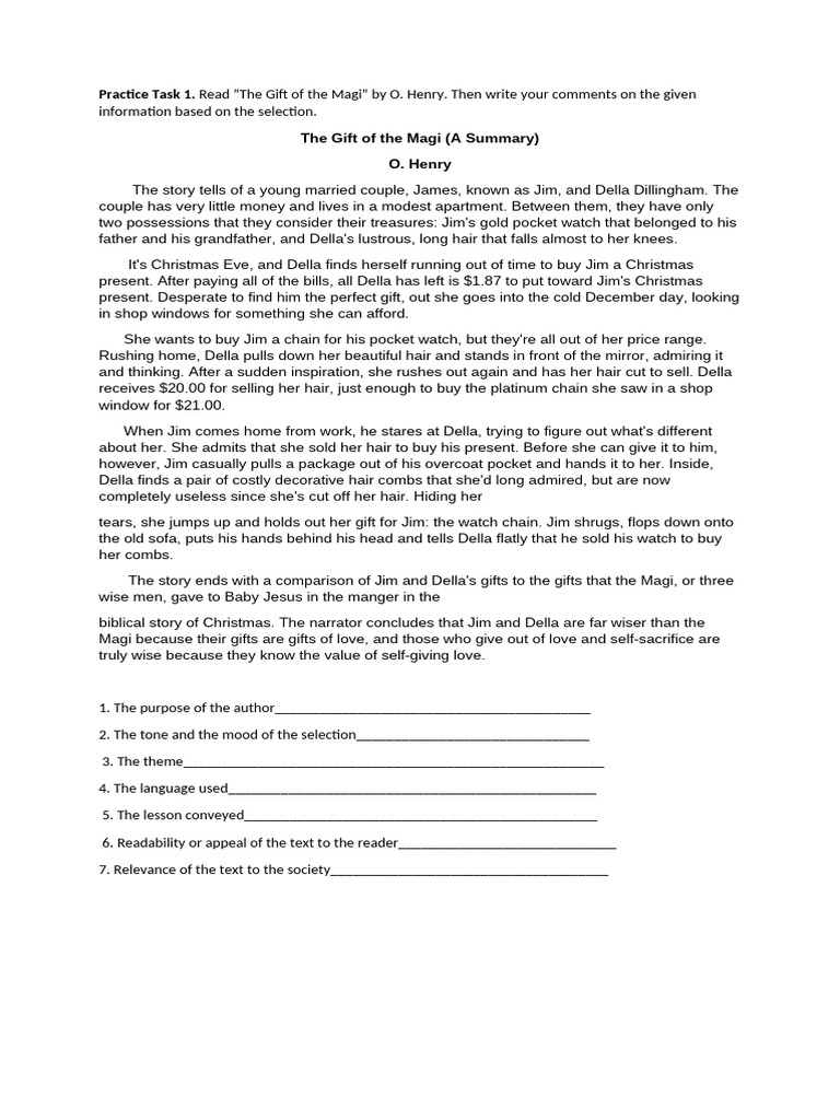 Practice Task 1-gIFT OF Magi | PDF