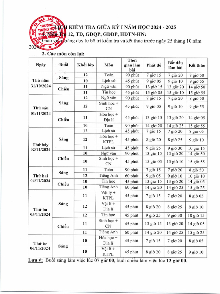 Lich Kiem Tra Giua Ki 1 Nam Hoc 2024 - 2025 | PDF