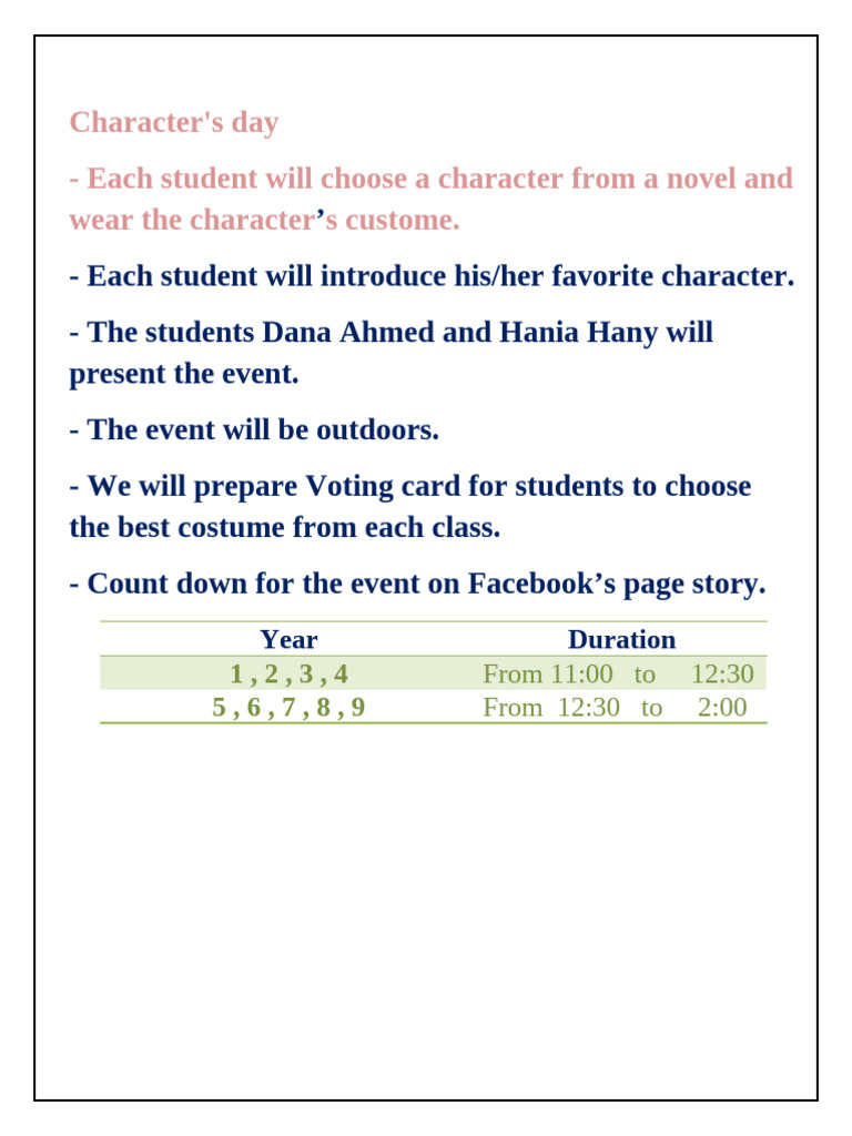 Characters Day Plan | PDF