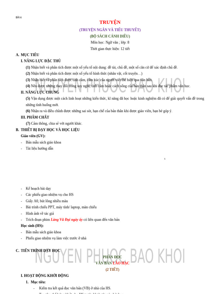 KHBD THỰC NGHIỆM - BÀI 6 - TRUYỆN NGẮN TIỂU THUYẾT - LÃO HẠC | PDF