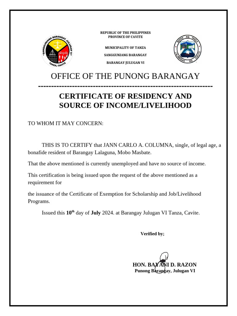 Certificate of Residency and Livelihood | PDF