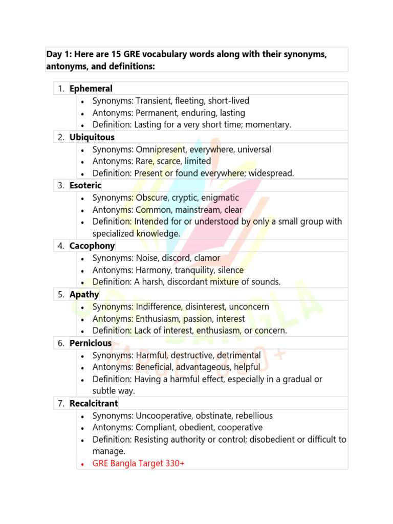 7 Day GRE Vocabulary Study - GRE Bangla Target 330+ | PDF