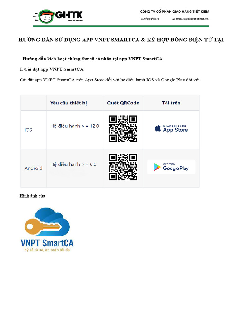 Hướng Dẫn Sử Dụng App Vnpt Smartca & Ký Hợp Đồng Điện Tử Tại App Ghtk,Co | PDF