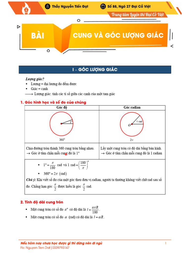 Bài 1. Góc Lượng Giác. Giá Trị Lượng Giác Của Góc Lượng Giác | PDF
