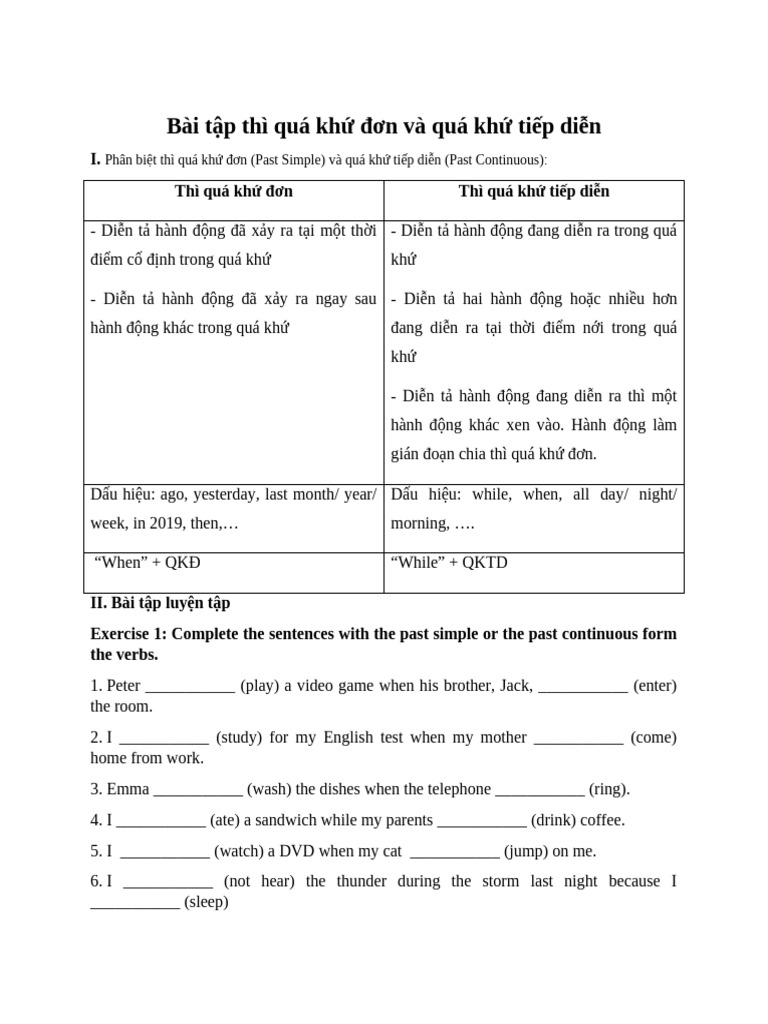 Bai Tap Thi Qua Khu Don Va Qua Khu Tiep Dien | PDF