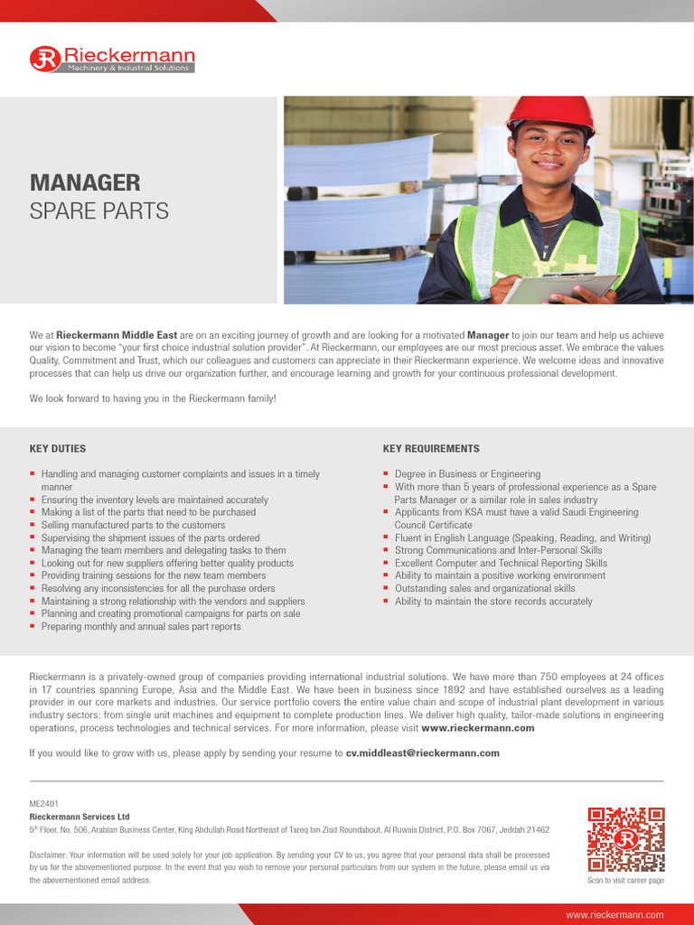 Rieckermann Job Ads Me2401 Spare Parts Manager | PDF | Sales | Customer