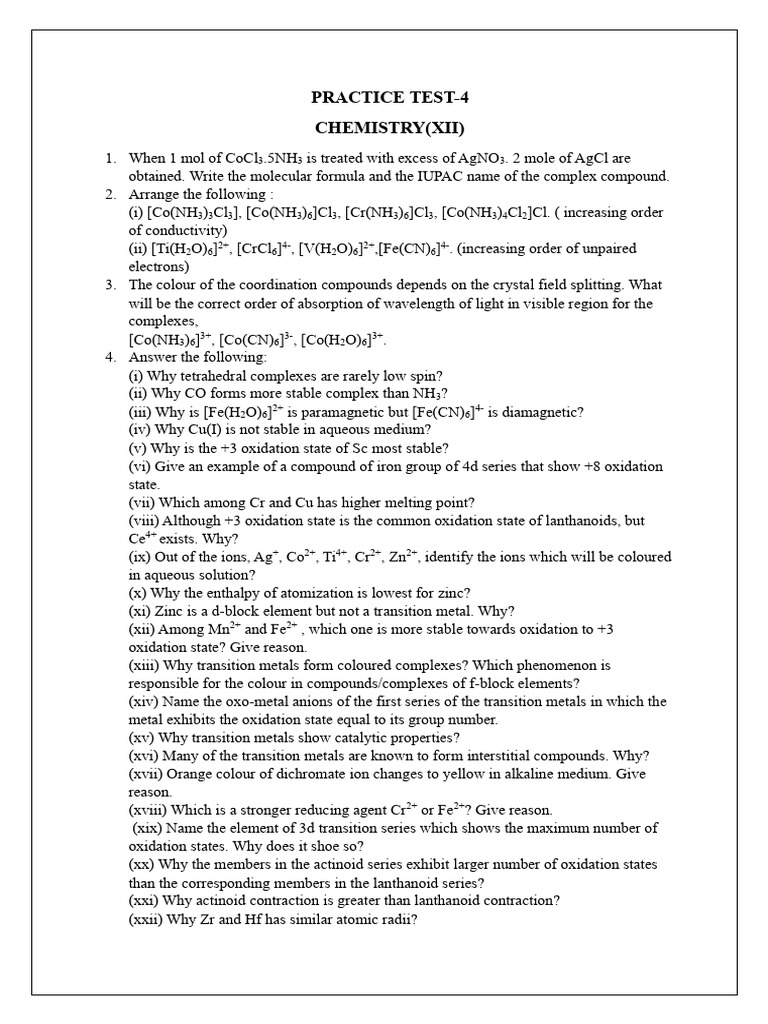 PRACTICE TEST-4 (Chemistry) | PDF | Coordination Complex | Ligand