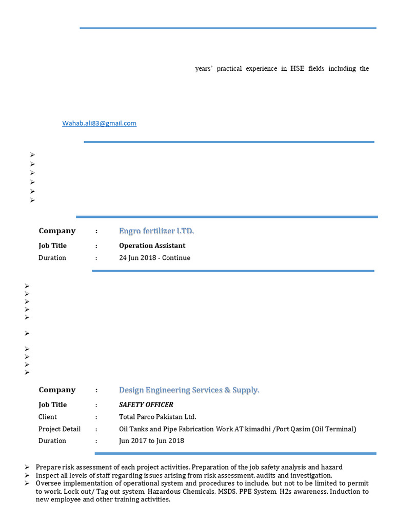 CV - Wahab Ali Hse | PDF | Risk Assessment | Occupational Safety And Health