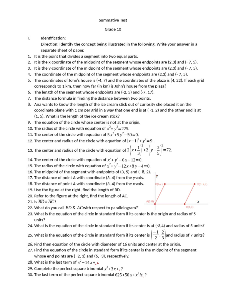 Summative Test | PDF | Circle | Cartesian Coordinate System