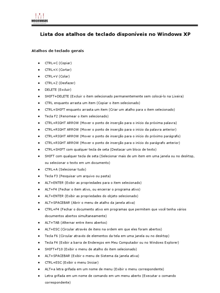 Lista Dos Atalhos de Teclado Windows XP | PDF