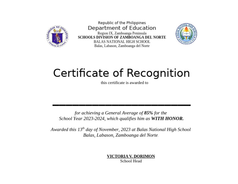 Certificate Format SY 2023-2024 Print | PDF