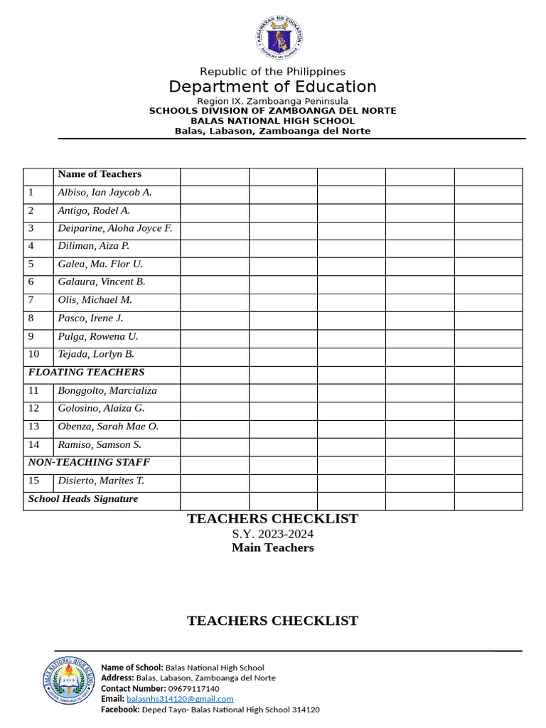 balas teachers checklist 2023-2024 | PDF