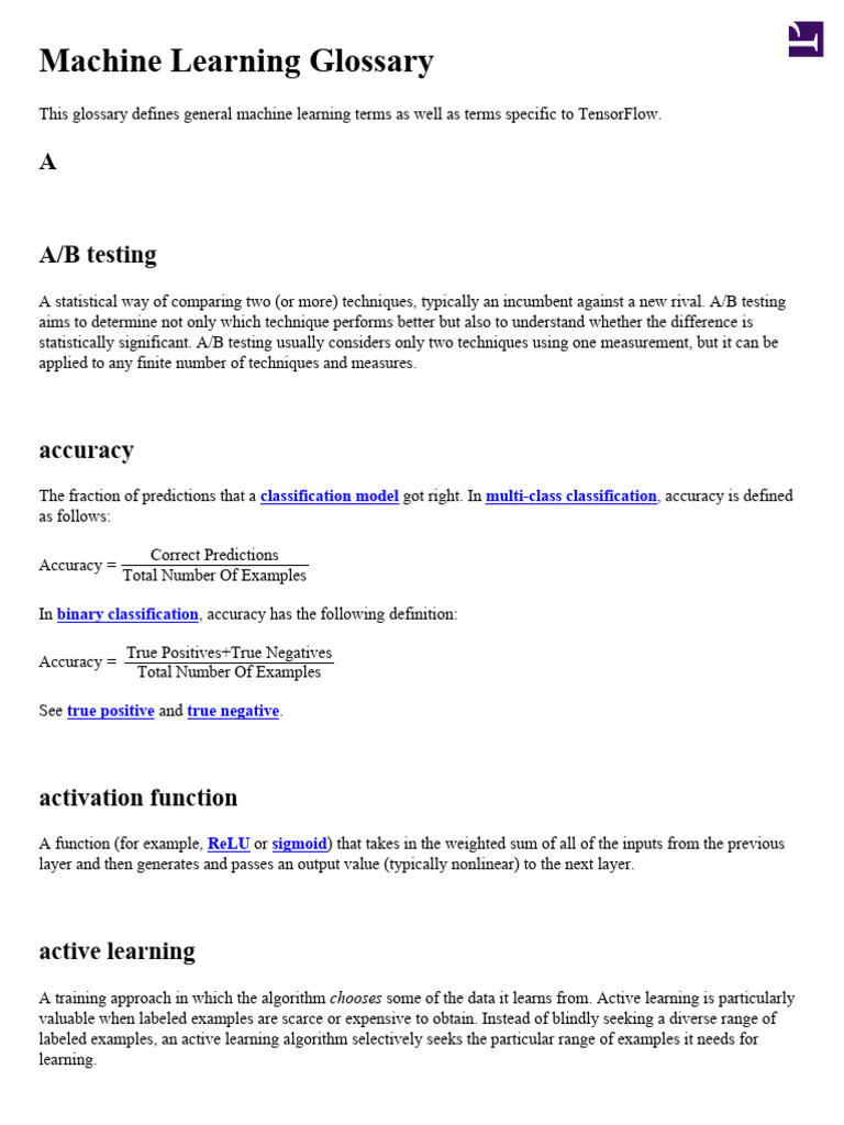 Google - Machine Learning Glossary | PDF | Artificial Neural Network ...