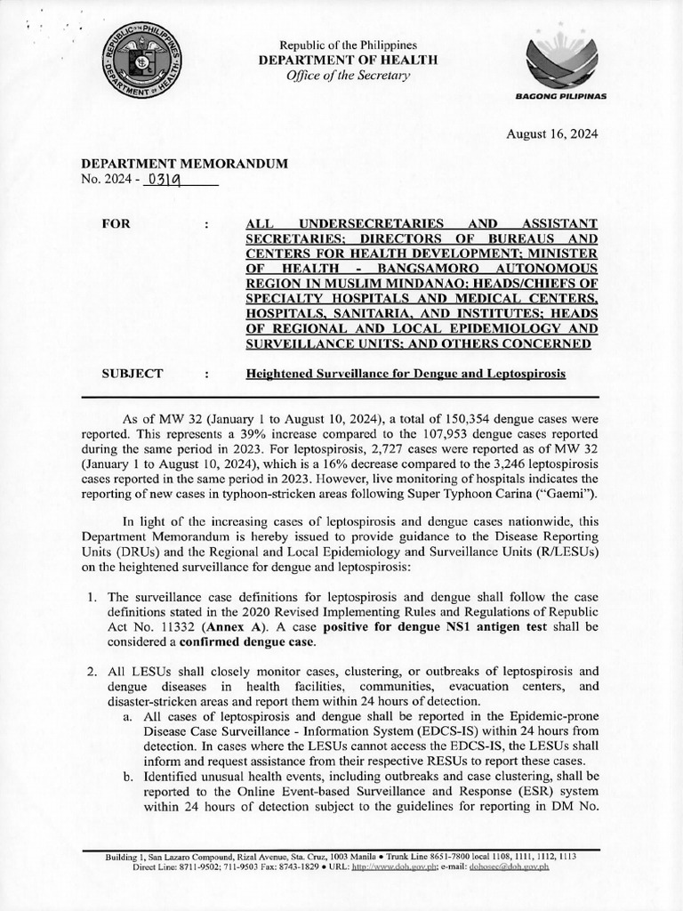 dm2024 0319 Heightened Surveillance For Dengue and Leptospirosis | PDF | Medicine | Microbiology