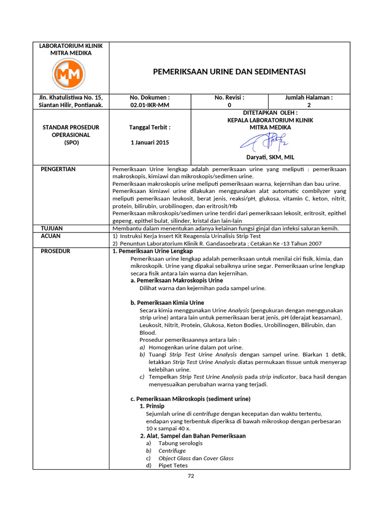 Spo Instruksi Kerja Reagensia Dan Pemeriksaan Urinalisa Dan Faeces | PDF